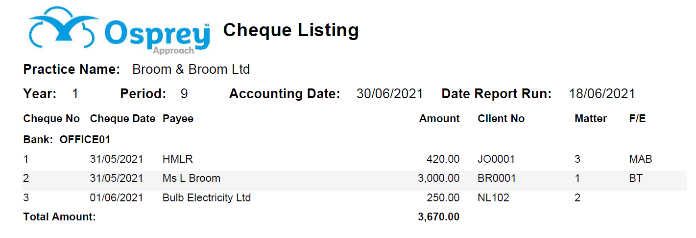 Reports: Cheque Report - Osprey Approach Customer Support & Training ...