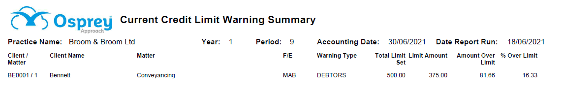 Reports: Current Credit Limit Warnings - Osprey Approach Customer ...